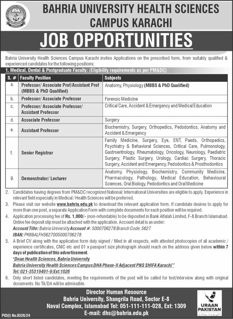 Bahria University Health Sciences Campus Karachi Jobs 2025